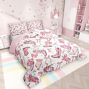 Manfei Cowgirl Comforter Set,Western Cowboy Boots Pink Bowknots Bedding Set for Kids Teens Bedroom,Dreamy Fairy Tale Princess Starry Quilt Set,Pink White Duvet Insert 2 Pcs with 1 Pillowcase,Twin