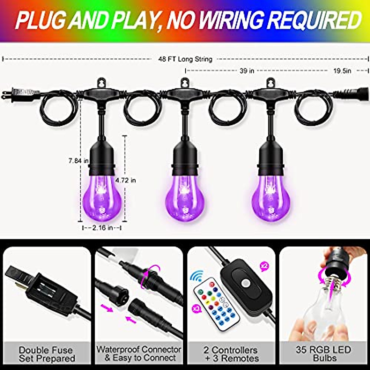 IPStank 96FT Outdoor Patio Lights Color Changing, RGB LED String Lights with 32 E26 Shatterproof Edison Bulbs, Dimmable Patio String Lights for Backyard Garden, 2 Remote Controllers