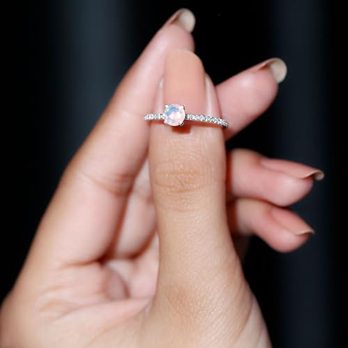 Rosec Jewels Certified Natural Opal Promise Ring, AAA Quality, Opal Diamond Pinky Ring For Women (Ready to Gift), 14K White Gold, Size:US 5.00