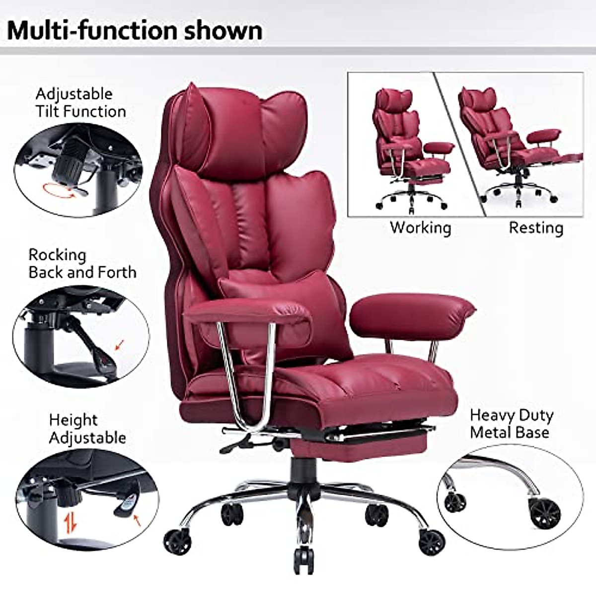 Efomao Desk Office Chair,Big High Back Chair,PU Leather Office Chair, Computer Chair,Executive Office Chair, Swivel Chair with Leg Rest and Lumbar Support,Burgundy Office Chair