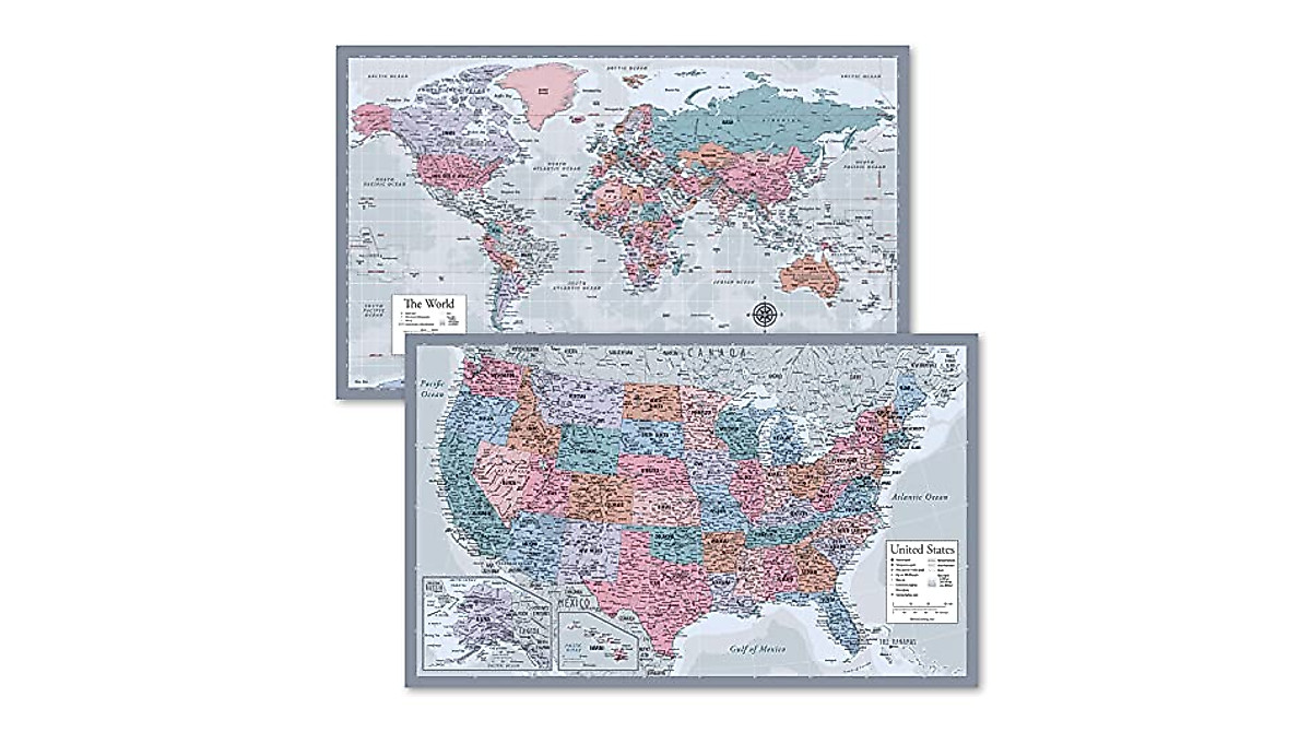 World Map & USA Map Poster Set - Laminated 18"x29"