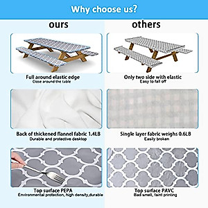 Vinyl Picnic Table Cover and Bench Covers Fitted Tablecloth,4lb Double Flannel Backing Elastic Edge Waterproof Wipeable Plastic Tabel Cover Vinyl Tablecloth for Indoor Outdoor Parties 3pcs - 72*30 in