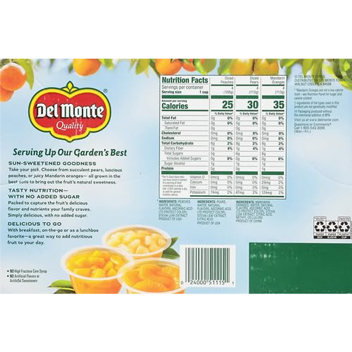 Del Monte No Sugar Added Variety Fruit Cups (Peaches, Pears, Mandarin Oranges), 4 Ounce (Pack of 12) 2002456