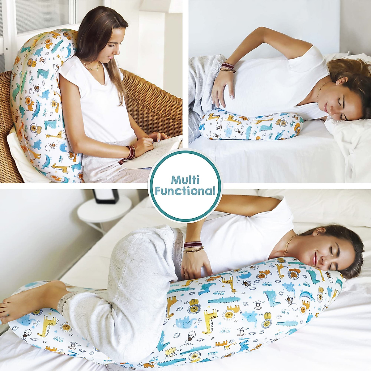 Bamibi® Pregnancy Pillow - Full Body Support Maternity Pillow for Sleeping – Providing Support for Adults and Pregnant Women Back, Hips, Legs & Belly - Removable 100% Cotton Cover (Animals)