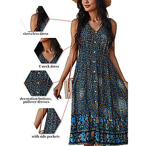TEMOFON Women Dress Summer Sleeveless Bohemian Floral V Neck Button Down Flowy Boho Dresses 2025 Navy Blue XL