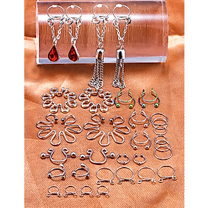 Oufksiyy Fake Nipple Ring Stainless Steel Non-Piercing Nipple Rings Clip On Nipplerings Faux Body Piercing Jewelry for Women Men 26PCS