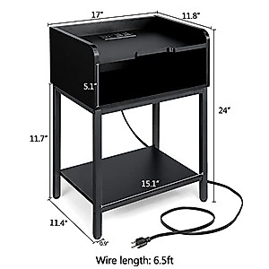farexon Nightstand with Charging Station and USB Ports,Nightstand with Storage Drawer and Shelf, Small Bedside Table,End Table Night Stand for Bedroom(1 PCS, Black)