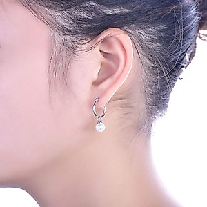 JO WISDOM 925 Sterling Silver Simulated White Shell Pearl Hoop Earrings (Size: 1.5 * 15mm)