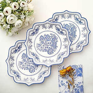 Tableclothsfactory 25 Pack | 8" White/Blue Chinoiserie Floral Print Paper Dessert Plates with Scalloped Rims, Disposable Salad Appetizer Plates - 300 GSM