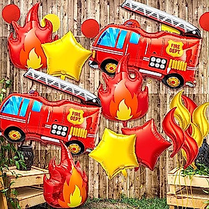 Glimin 18 Pcs Fire Truck Balloons Set 4 Aluminum Foil Flame Balloon, 2 Fire Truck Firefighter Balloon, 6 Fire Balloons, 6 Star Balloons for Rescue Themed Decoration Firefighter Birthday Party Supplies