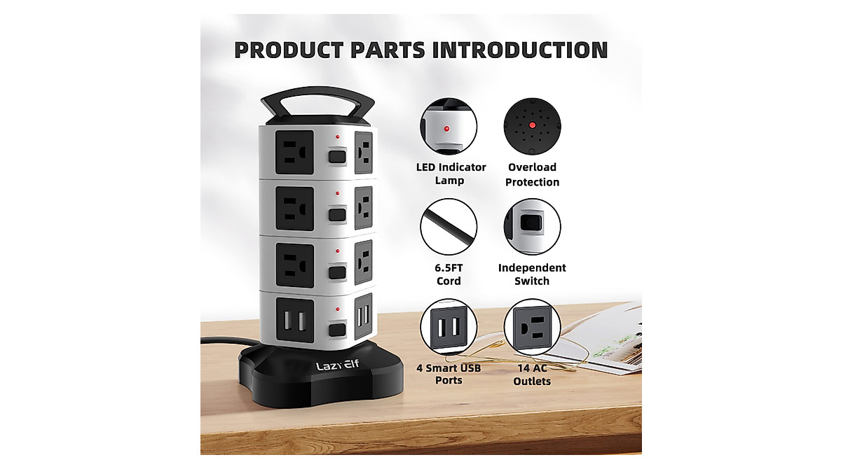 Smart Surge Protector Tower with USB Ports & Night Light