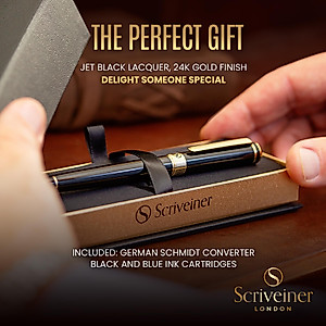 Scriveiner Luxury Fountain Pen - Stunning Black Lacquer Pen, 24K Gold Finish, Schmidt 18K Gilded Nib (Medium), Converter, Best Pen Gift Set for Men & Women, Professional, Executive, Office, Nice Pens