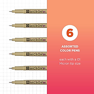 SAKURA Pigma Micron Fineliner Pens - Archival Black and Colored Ink Pens - Pens for Writing, Drawing, or Journaling - Black and Assorted Colored Ink - 01 Point Size - 6 Pack