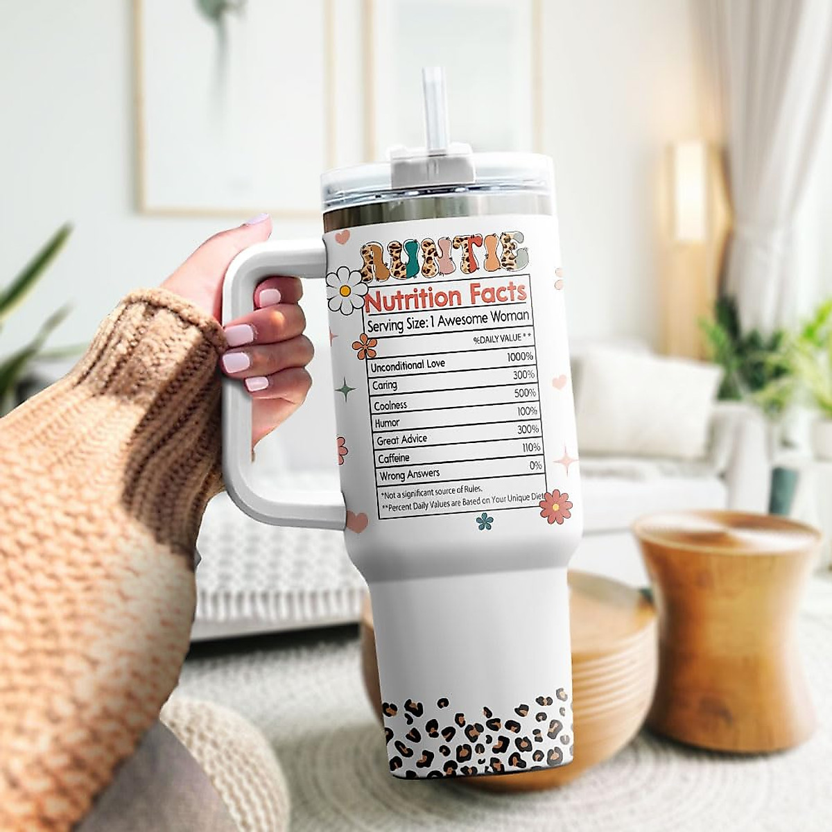 99OWL Cool Aunts Retro Leopard Nutrition Facts, Gift Daisy Black Handle Cups Print Heart Auntie Coffee For, Tumbler 40 Oz With Handle Lid And Straw, Aunt Gifts