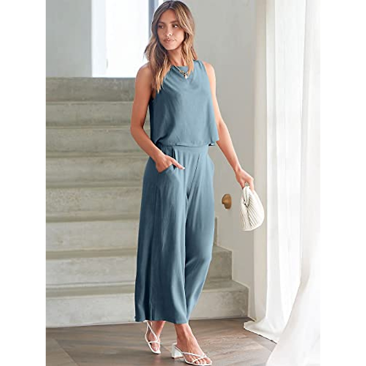 ANRABESS Women's 2 Piece Outfits Summer Sleeveless Tank Crop Button Back Top Cropped Wide Leg Pants Set Matching Loungewear Set Spring Clothes Beach Vacation 546Hulv-M