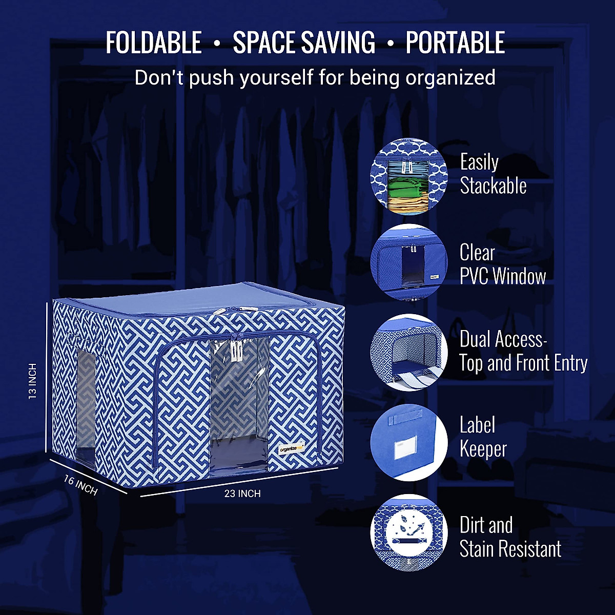 Foldable Clothes Storage Bag Organizer Pop Up Bins Strong Handle Quality Fabric for Collapsible Closet Boxes 4 Pack (Large) (Blue COBALT)