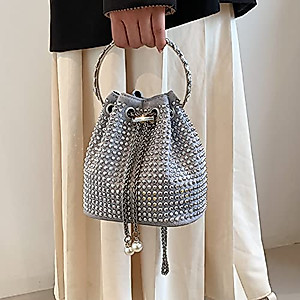 Rhinestone Bucket Evening Handbag for Women - Fashion Crystal Clutch Purse Bling Bling Crossbody Satchel Shoulder Bag for Party(Sliver)