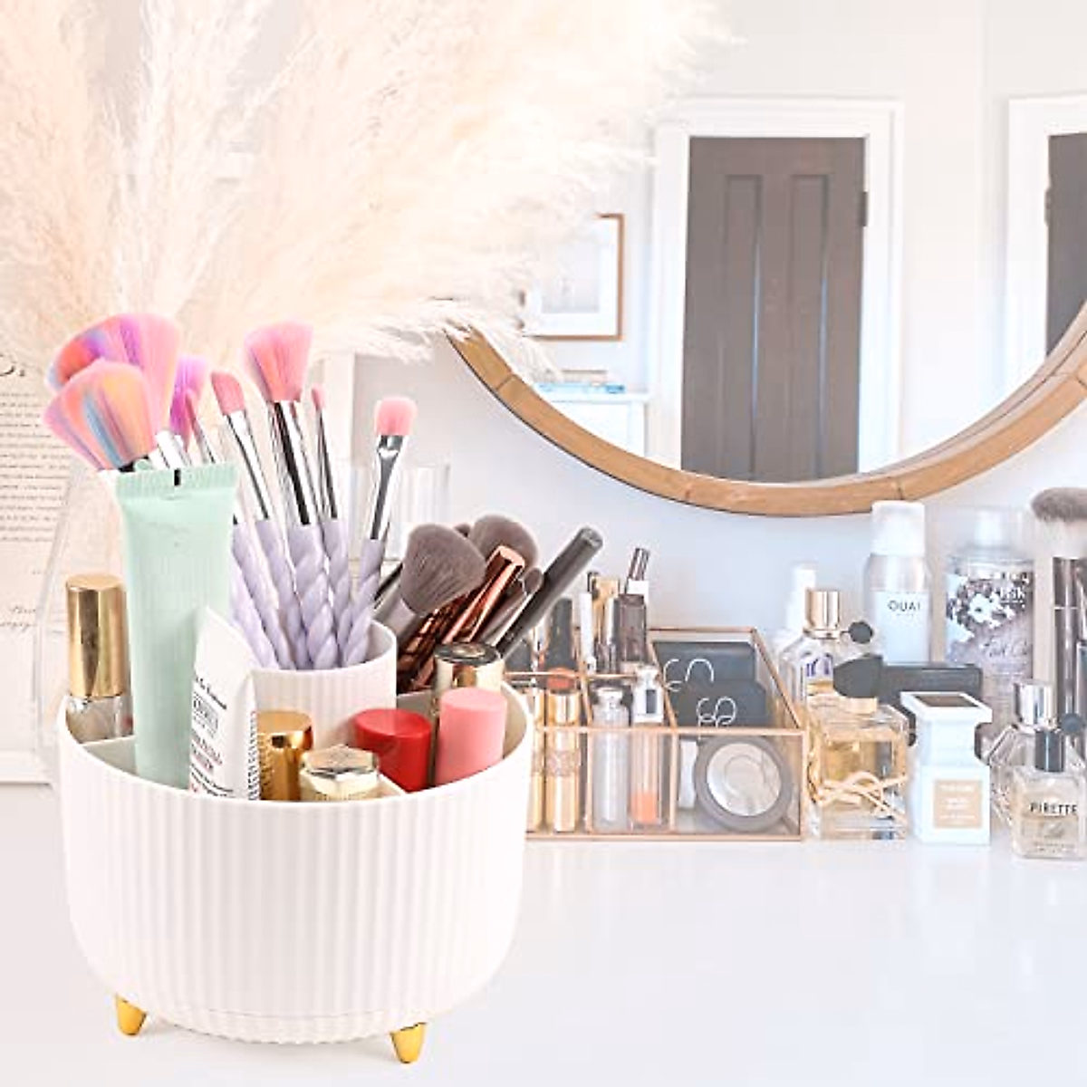 LEICURACE 360 Rotating Makeup Organizer Desktop Lazy Susan Cosmetic Desk Storage Container Makeup Brush Holder for Eyeshadow Brush Lipstick Holder Pen Holder(White)