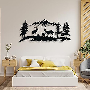 fayholy Metal Wall Art - Metal Deer Family art, Metal Wall Decor, Wildlife Lover Gift, Tree Mountain Decoration, Wall Hangings, Nature Wall Art (Silver, 24"x10" | 60x26 cm)