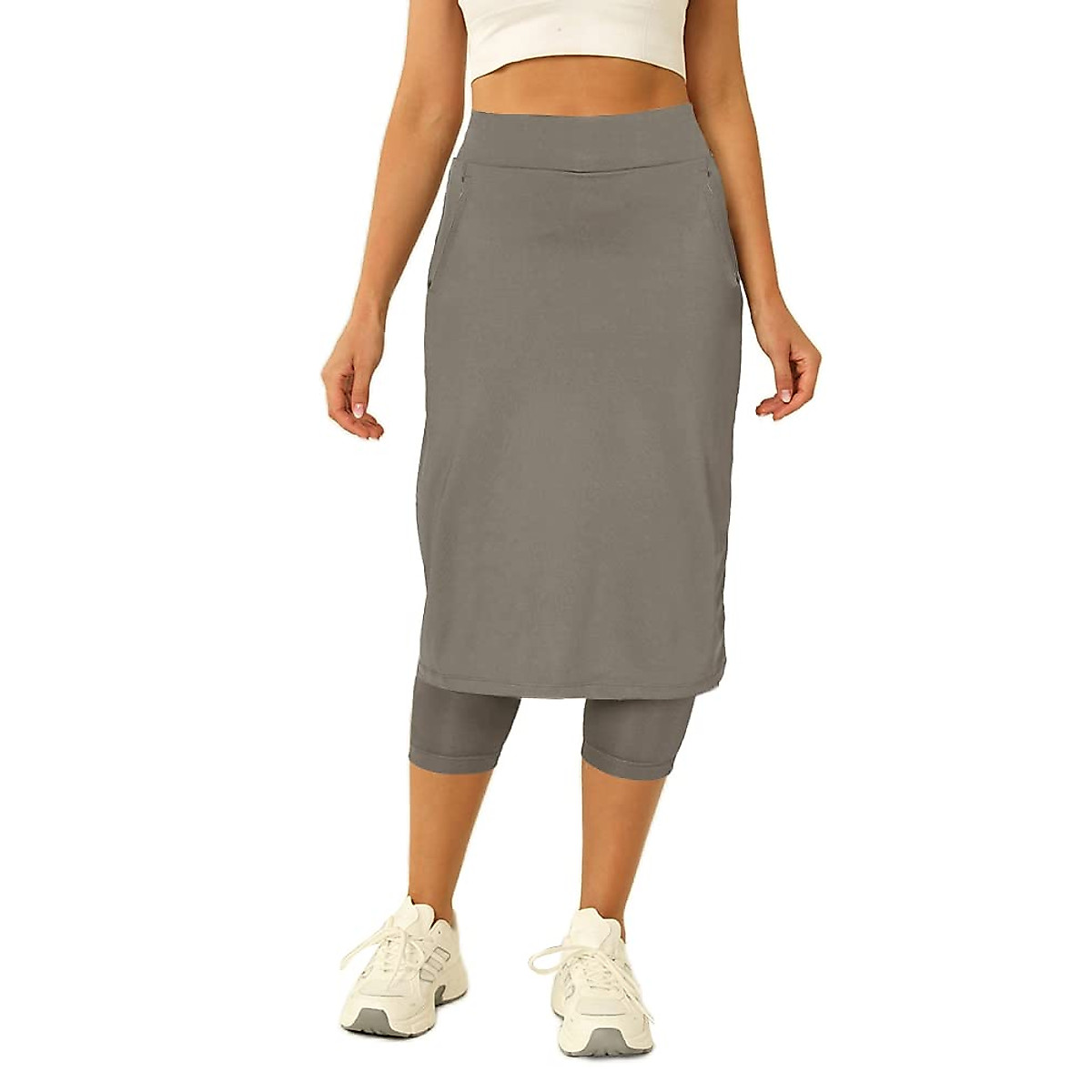 Aurgelmir Womens Tennis Skirt with Capris Leggings Golf Knee Length Skorts Athletic Long Skirts for Women with Pockets Grey