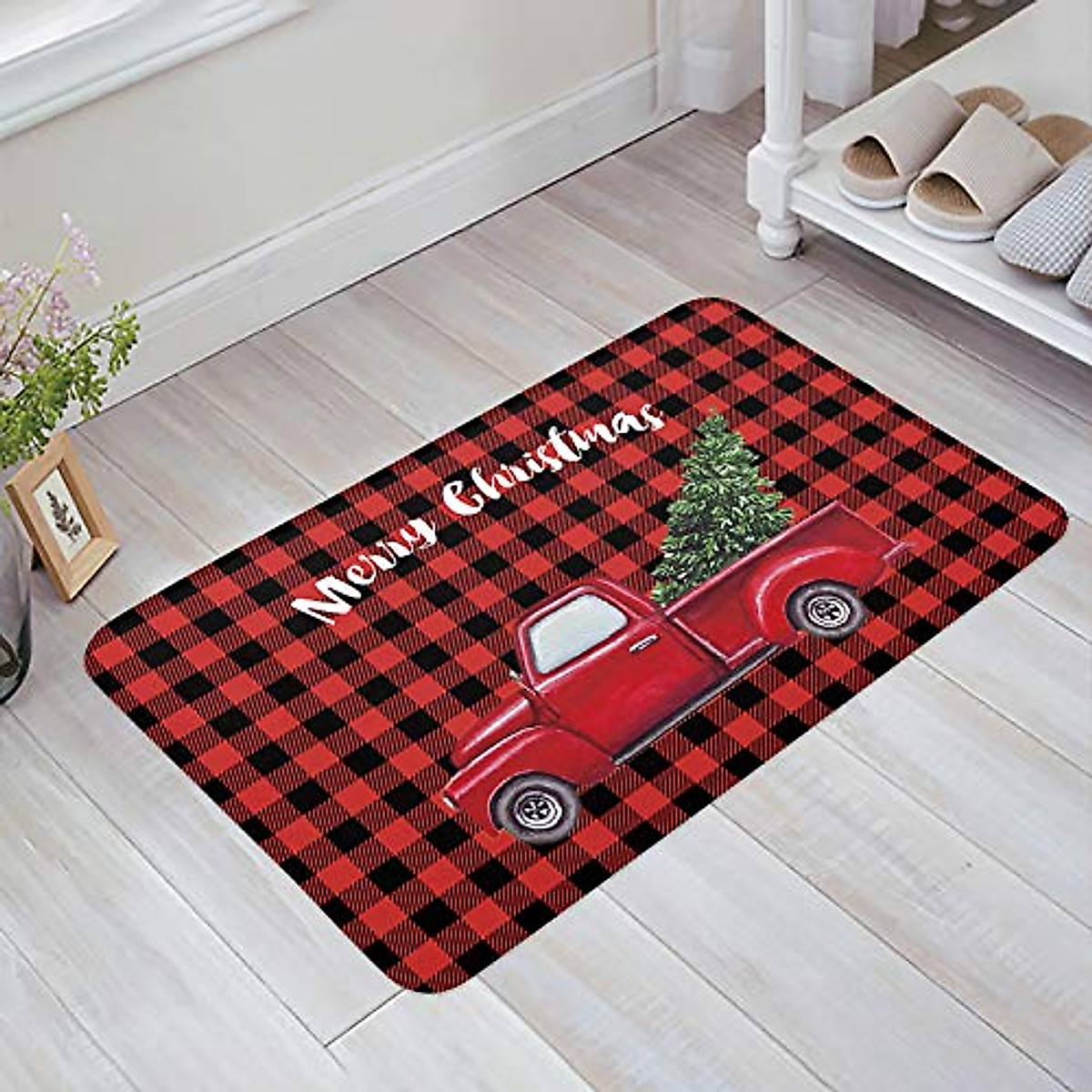 Christmas Bath Rugs Christmas Red Truck Sponge Doormat Absorbent Non Slip Durable Soft Flannel Mat Christmas Tree Red Buffalo Check Plaid Christmas Memory Foam Mats for Bathroom Kitchen 18 x 30 inches