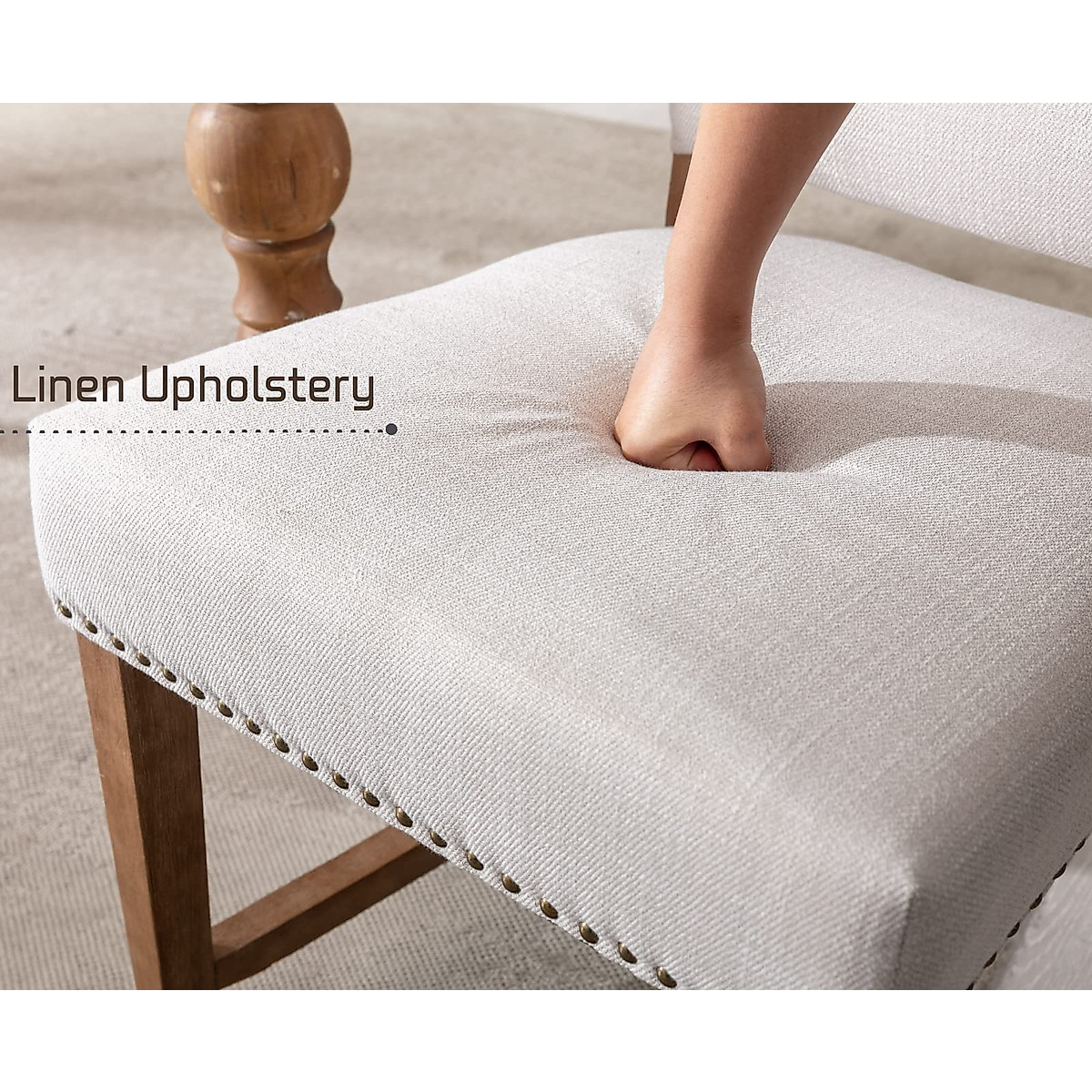 EALSON Farmhouse Dining Chairs Set of 2 Upholstered Dining Room Chairs with Wood Legs and Nailhead Trim Mid Century Modern Kitchen Chairs with High Back Padded Parson Chairs, Linen Beige