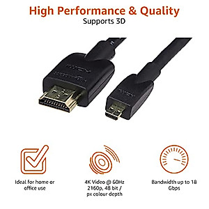 Amazon Basics Flexible and Durable Micro HDMI Cable (18Gpbs, 4K/60Hz) - 6 Feet, Black