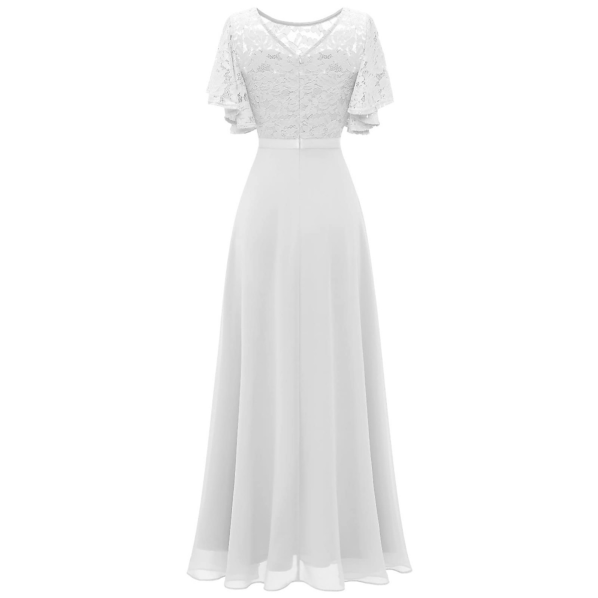 DRESSTELLS Chiffon Formal Wedding Guest Dresses for Women, Romantic V-Back Short Sleeve Maxi Bridesmaid Prom Party Evening Cocktail Dress for Teens, 2025 Spring, White S