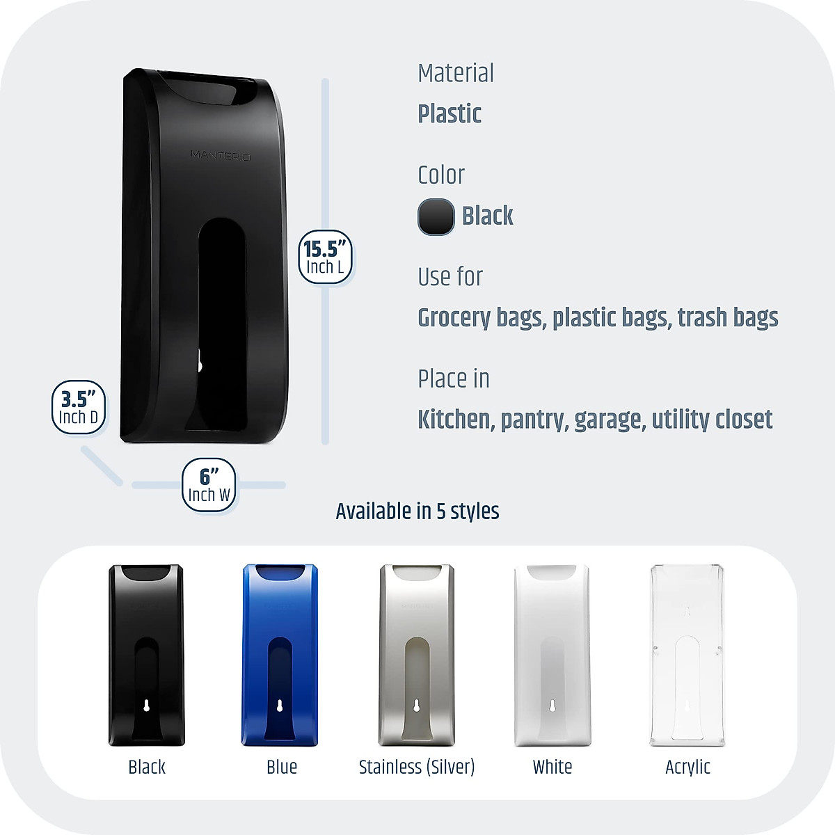 Manterio Wall Mount Plastic Bag Organizer | Durable Plastic Grocery Bag Saver | Smudge Proof, Fingerprint Resistant | Black