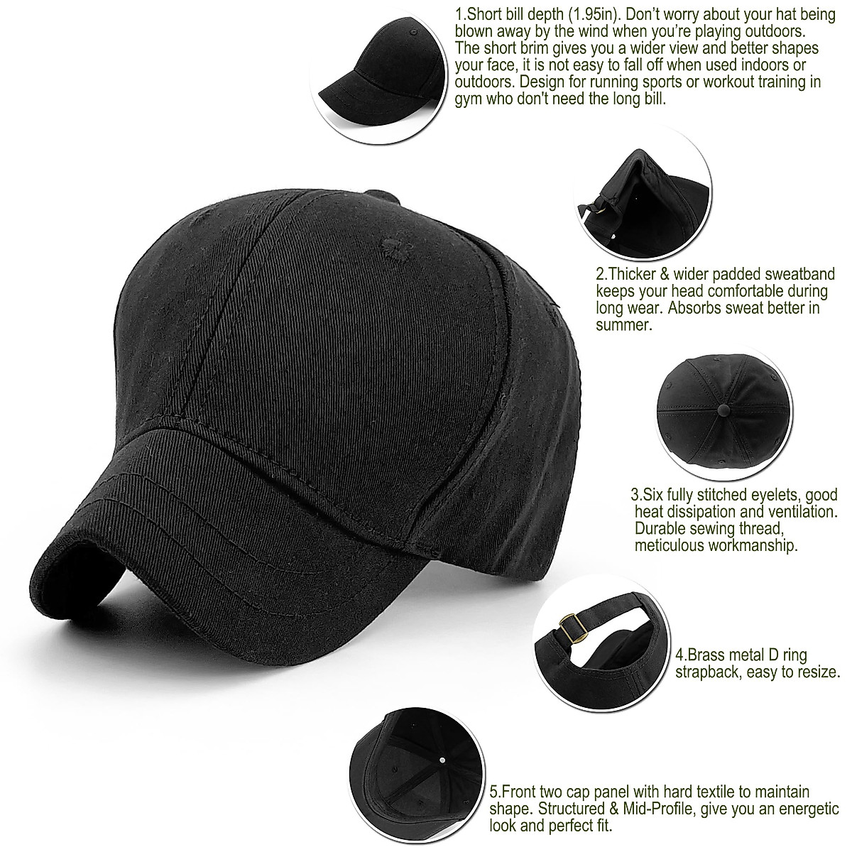 REDSHARKS mens Structured Short Bill Plain Brim Trucker Baseball Dad Cap, Black, X-Large