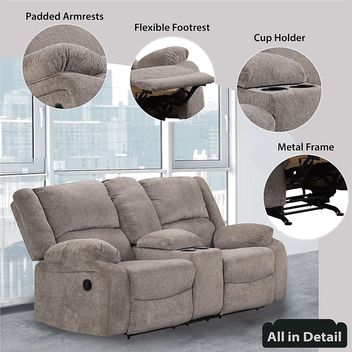 24/7 Shop at Home Joe Transitional Oversized Nursery Glider Chairs for Adults, Manual Comfy Reading Couch, Overstuffed Reclining Sofa, Adjustable Theater, Living Room, 2-Seat, Gray