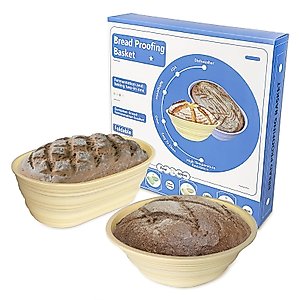 TMYIOYC Silicone Sourdough Bread Baking Supplies, 10 inch Oval & 9 inch Round Sour Dough Starter Kit, Foldable Banneton Bread Proofing Basket, Set of 2 Proofing Bowls for Sourdough Bread Baskets