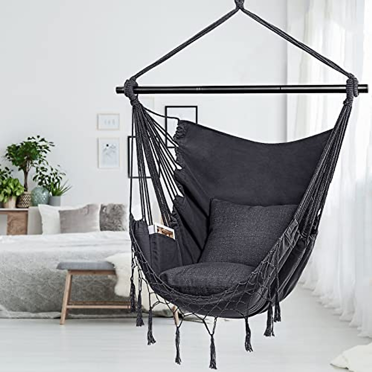 HBlife Hammock Chair, Max 330 Lbs, 2 Pillows Included, Dark Gray Hanging Chair with Pocket and Macrame, Swing Rope Chair for Bedroom, Backyard and Deck