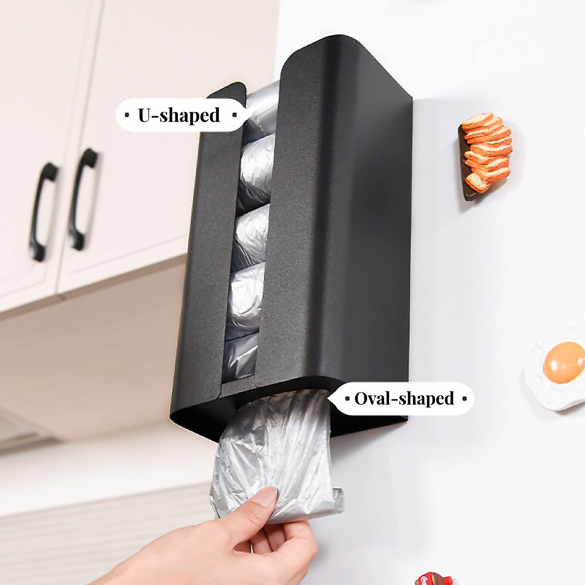 Magnetic Suction Plastic Bag Holder - Grocery Bag Dispenser - Wide Opening Plastic Bag Tissue Storage Device Without Installation - Fingerprint Resistant (Black)
