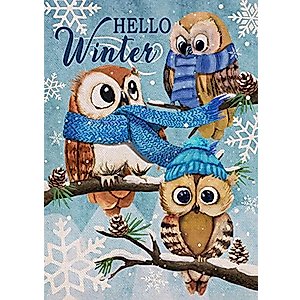 Covido Home Decorative Hello Winter Owls Family Garden Flag, Animals Yard Outside Decorations, Snow Farmhouse Outdoor Small Decor Double Sided 12x18