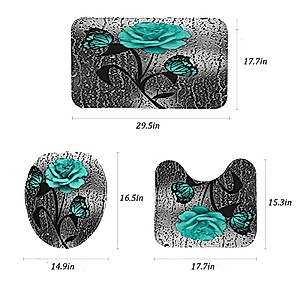 Bathroom Rugs and Mats Sets, Teal Rose Bath Mat, 3 Piece Floral Bath Rug Set, Ultra Soft Absorbent Shaggy Non-Slip Grey Bathroom Mats Bathroom Rug U Shape Toilet Mat Contour Bath Rug for Bathroom