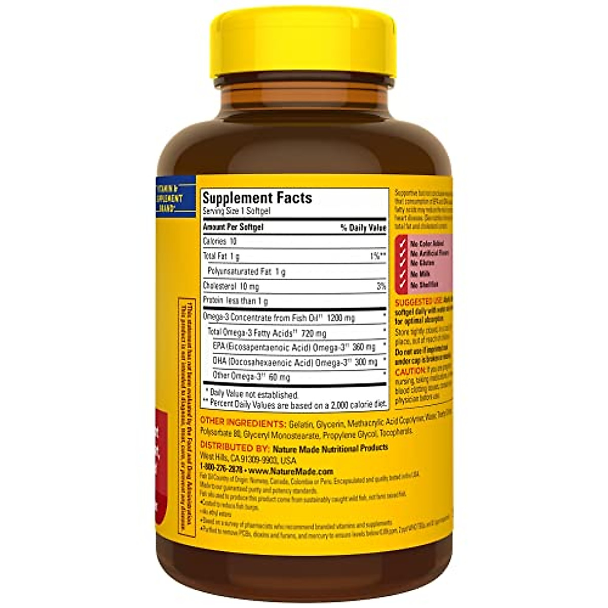 Nature Made Burp Less Omega 3 Fish Oil 1200 mg, Fish Oil Supplements as Ethyl Esters, Omega 3 Fish Oil for Healthy Heart, Brain and Eyes Support, One Per Day, Omega 3 Supplement with 120 Softgels