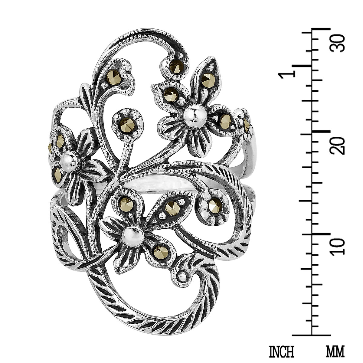 AeraVida Beautiful Marcasite Style Detailed Pyrite Flower Vine .925 Sterling Silver Ring for Women - Size 9