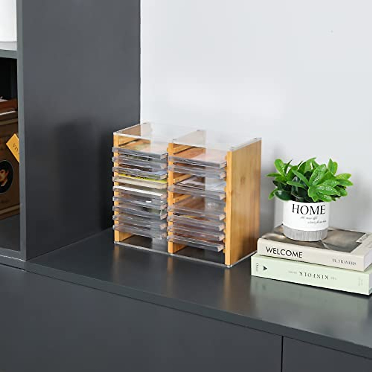 LUMAMU CD Storage Rack - Holds 20 Standard CD Jewel Cases, Stackable CD Holder Shelf - Made of Premium Natural Bamboo and Transparent Acrylic Sheet, Assemble Required