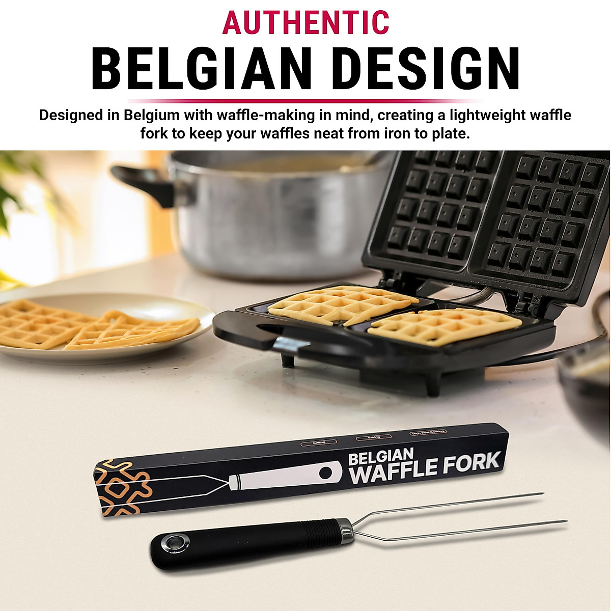 Captain Jax Waffle Fork for Belgian Waffles, Mulit-Use Stainless Steel Kitchen Tool with Silicone Handle, Beveled Prongs, Belgian Baking Accessory - One Size Black