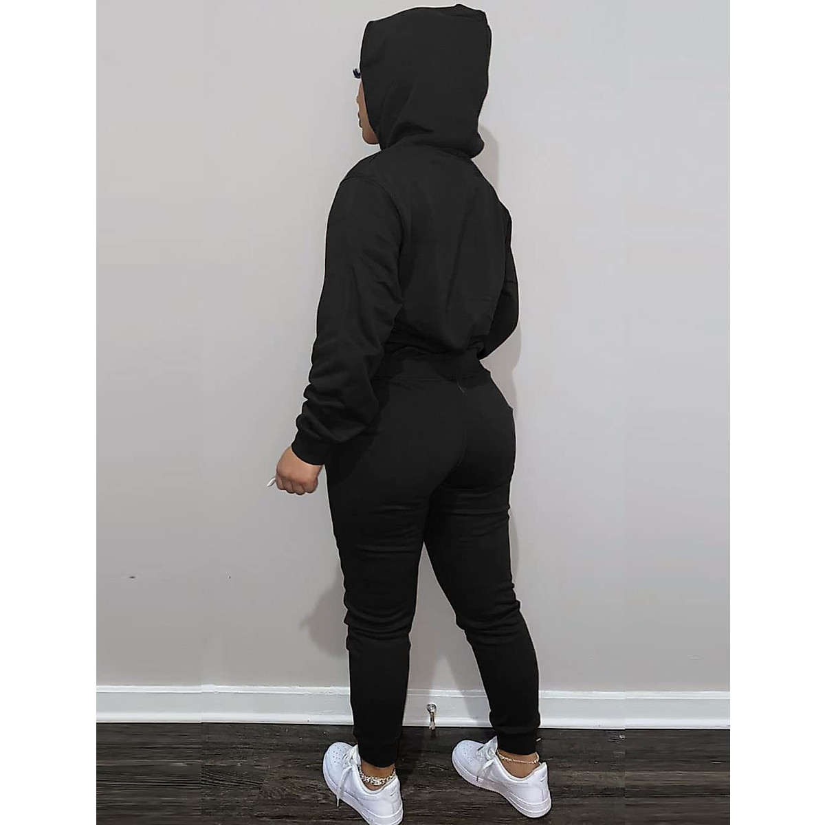 Alunzoem Jogger Sets for Women 2 Piece Long Sleeve Hooded Sweatshirt and Skinny Pants Sweatsuit Black M