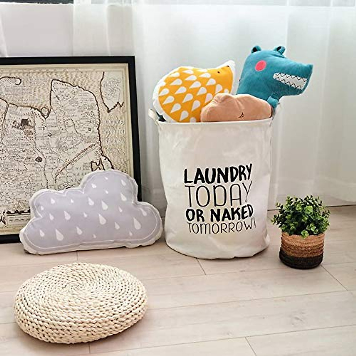 VJJ AIDEAR Wash Today Round Cloth Laundry Hamper with Handles| Dirty Clothes Sorter | 21.6" Easy Storage | Foldable | Beige Linen