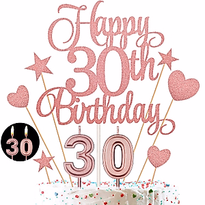 30th Birthday Cake Decorations Set Include 30th Birthday Candles Numeral 30 Cake Candles and Happy 30th Birthday Cake Toppers with Heart Star Cupcake Picks for Birthday Party (Rose Gold Series)