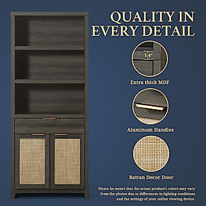 OAKHAM HOME Hampstead Bookcase, Rattan Bookcase with Doors Cabinet and Drawer, 5-Tier Bookshelf, Large Wooden Book Case, Tall Bookshelves for Library Living Room (Midnight Oak, 1 Piece)