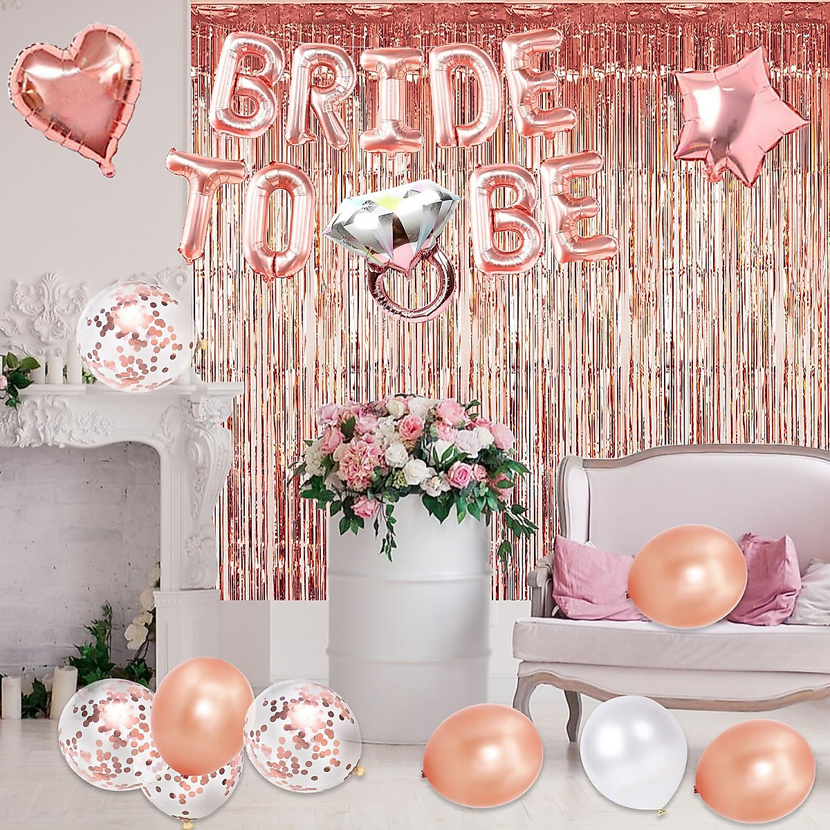 Exquisite Bachelorette Party Rose Gold Kit - Bride to Be Sash, Elegant Bride Headband with Veil, Bride Balloons and Foil Curtain| Bridal Shower Decorations