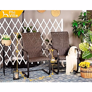 PHI VILLA Outdoor Patio C Spring Rattan Chairs Set of 2 Pieces High Back Wicker Dining Chair with Metal Frame for Patio, Deck, Porch - Brown