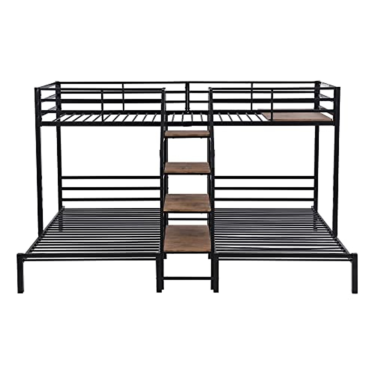 DEYOBED Twin Size L-Shaped Triple Bunk Bed with Storage Stairs, Twin Over Twin & Twin Metal Bed Frame for 3 Kids Teens Girls Boys, Black