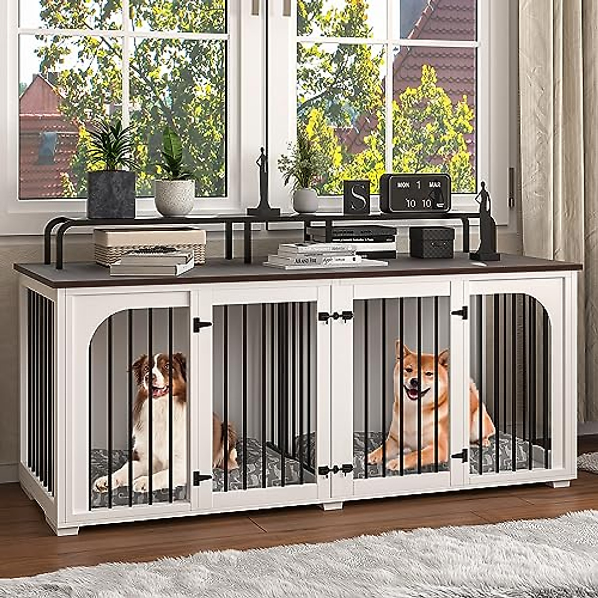 74.8" XXL Double Dog Kennel Furniture for Large Breed,Heavy Duty Wooden Dog Crate Cage Furniture Style with Storage Rack Shelf and Divider for 2 Dogs Indoor,White