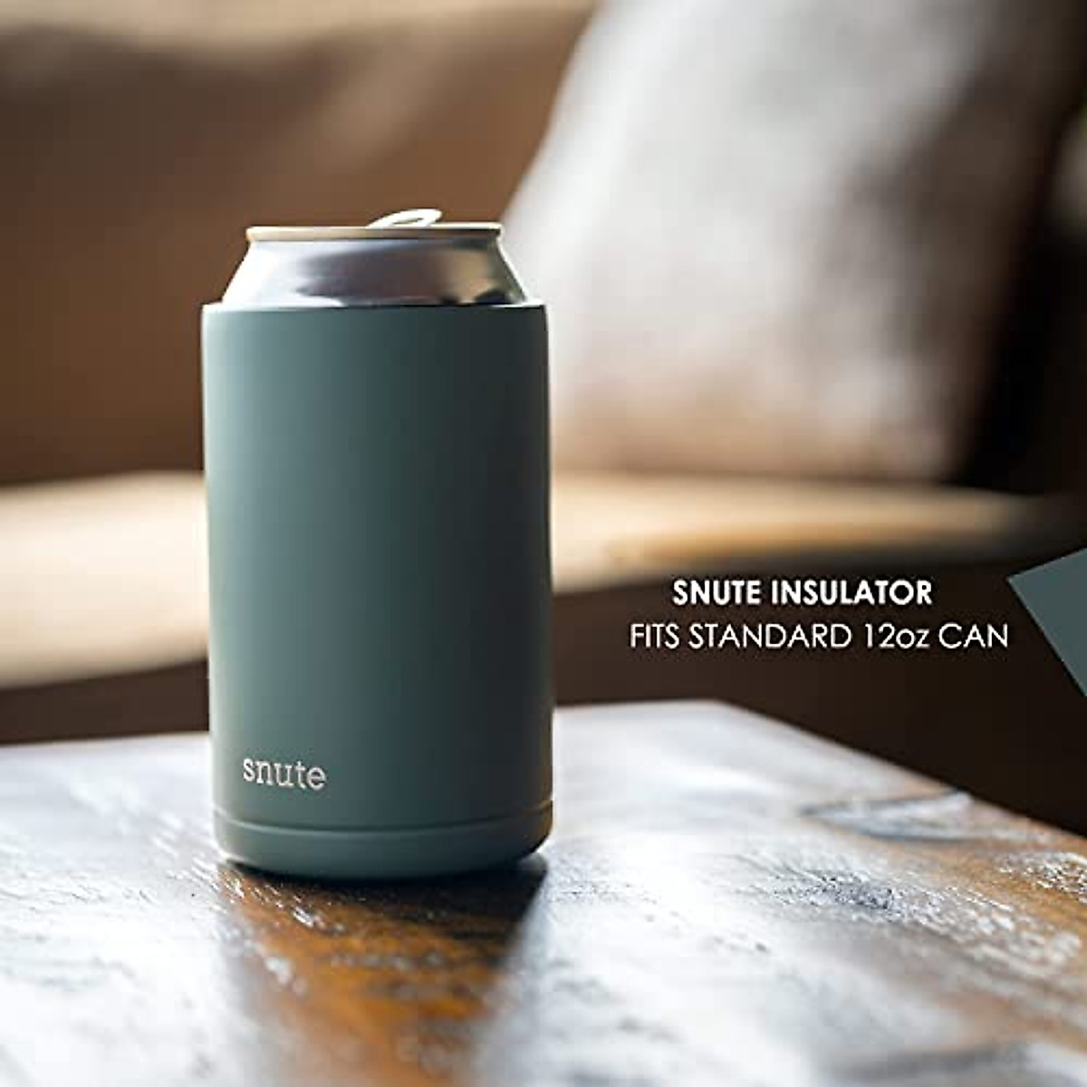 Snute Standard Can Cooler for Beer, Soda, Sparkling Water | Vacuum Insulated Stainless Steel Drink Sleeve Holder for 12oz Regular Cans (Olive)