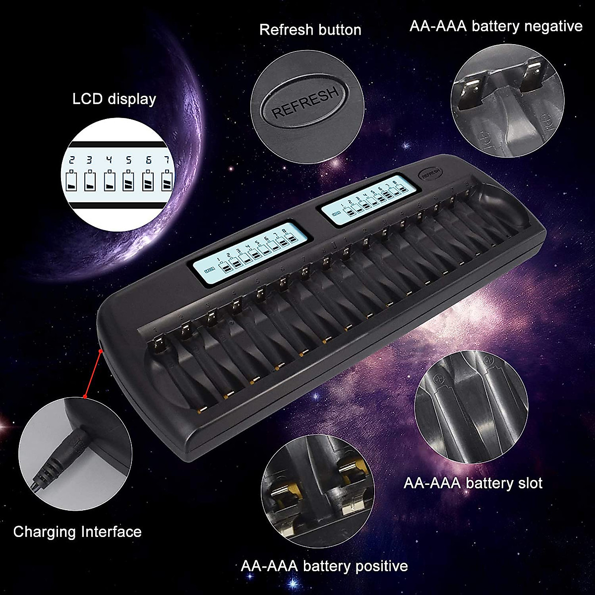 Tenberly 16 Bay Smart LCD Battery Charger for AA AAA 1.2V NIMH NICD Rechargeable Battery with AC Wall Adapter